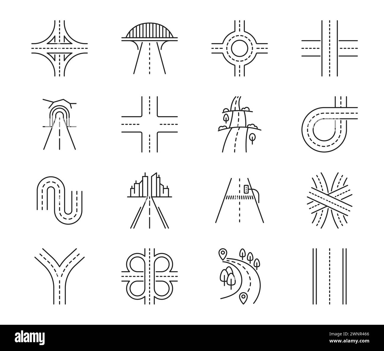 Highway Road Line Icons Street Traffic Crossroad And Tunnel Route