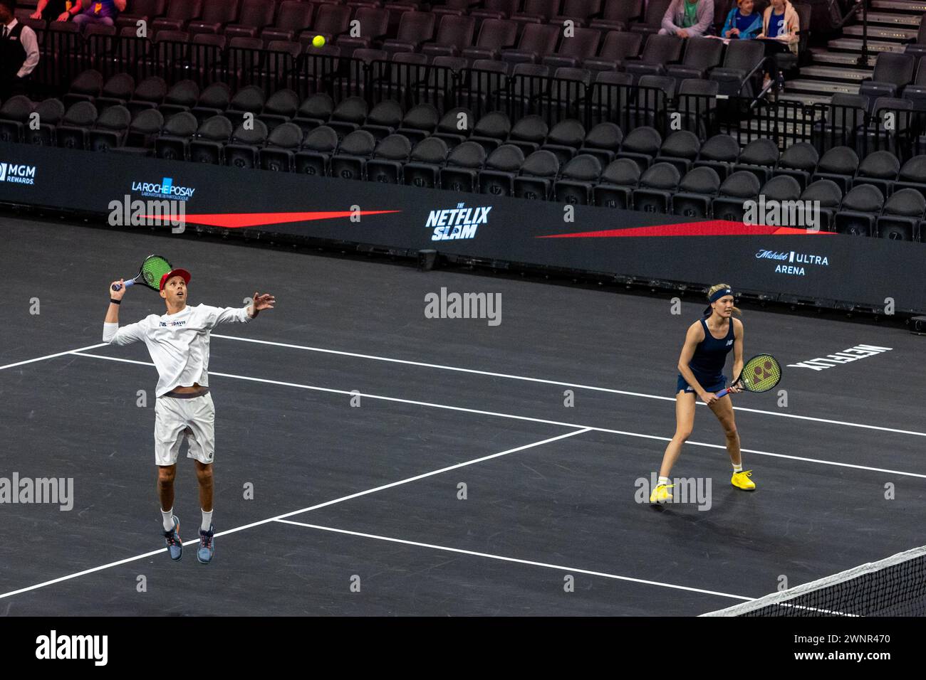 Las Vegas, USA. 03rd Mar, 2024. Mike Bryan (L) and Genie Bouchard play ...