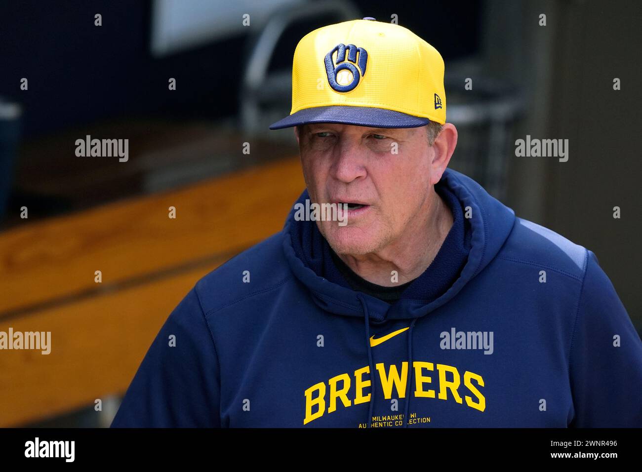 Milwaukee Brewers manager Pat Murphy pauses in the dugout prior to a ...