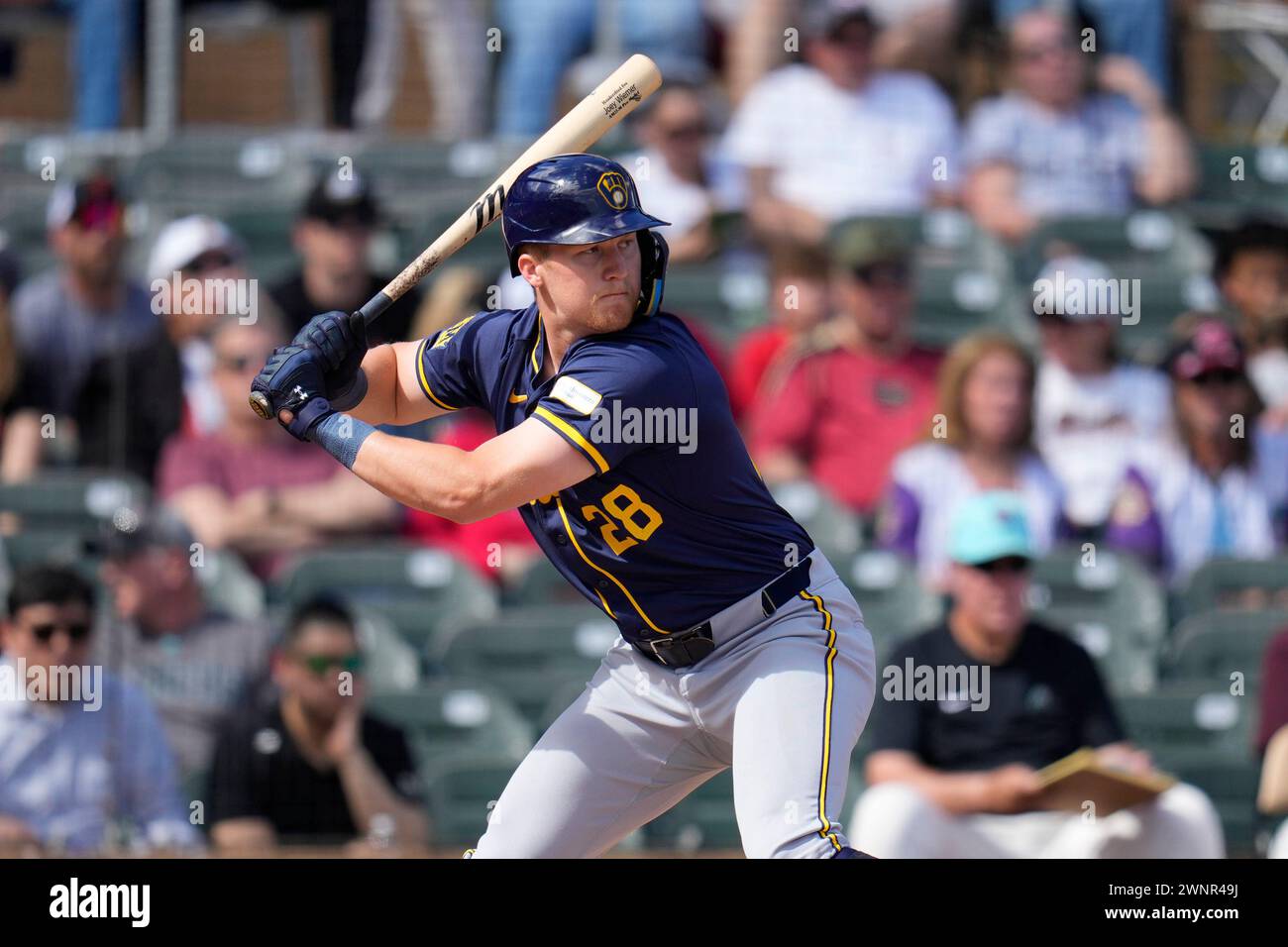 Milwaukee Brewers' Joey Wiemer watches a pitch during the second inning ...