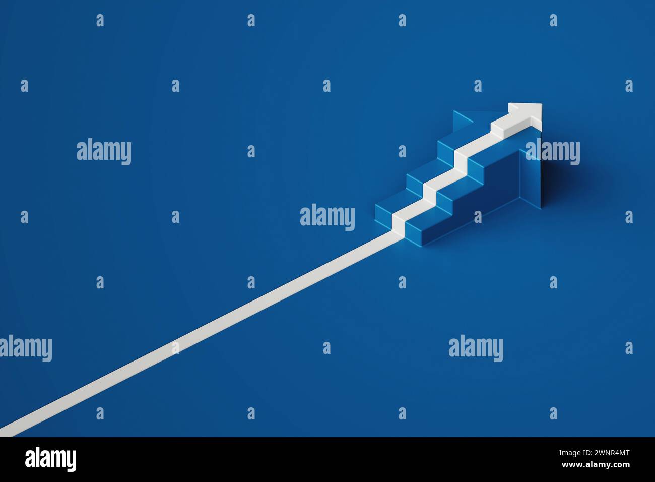 White arrow flows along the arrow-shaped steps of the staircase on blue ...