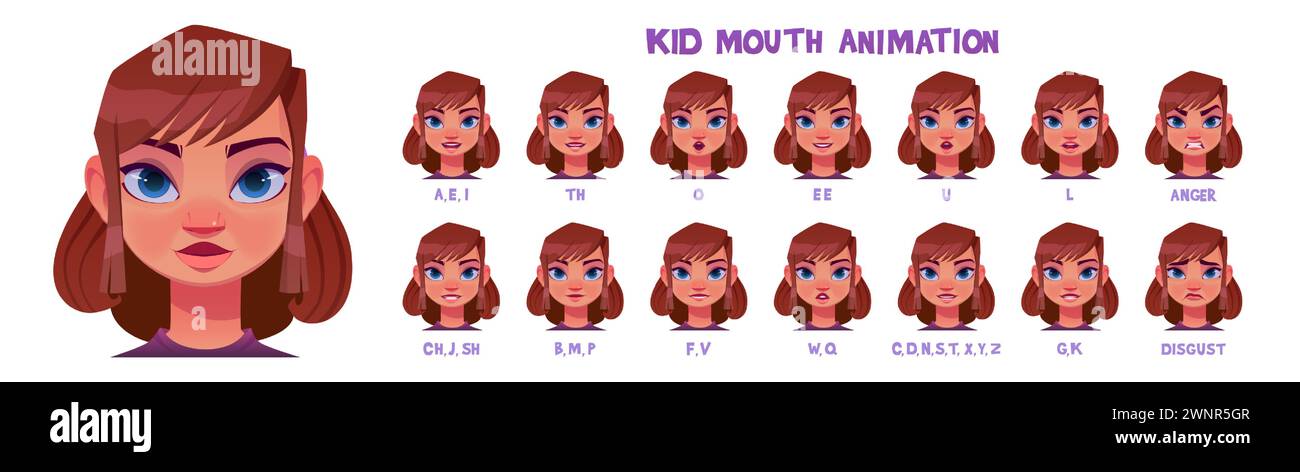 Kid girl kit for speaking animation creation. Cartoon vector ...