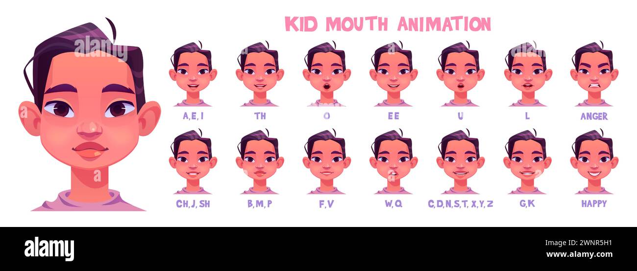 Kid girl mouth animation kit. Cartoon vector illustration set of female ...