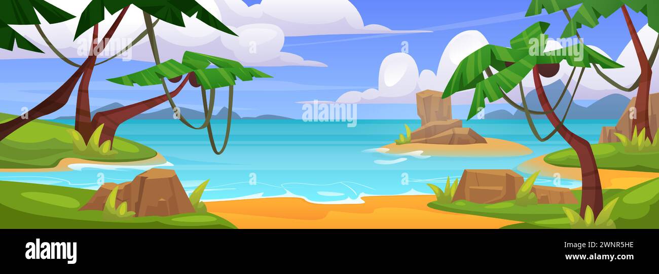 Sandy beach on summer island in sea. Vector cartoon illustration of ...