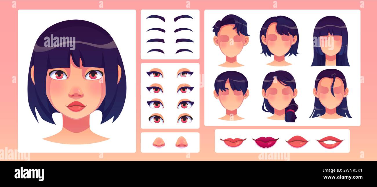 Girl face construction kit. Cartoon vector illustration set of various ...