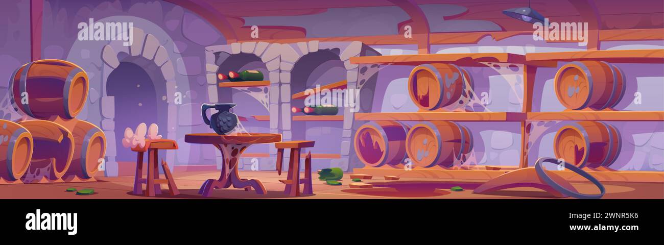 Abandoned wine cellar with broken wooden barrel, tables and chairs ...