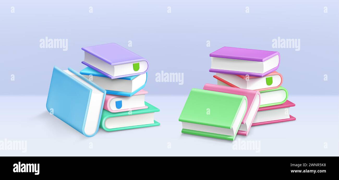 Paper books in stack. Realistic 3d vector illustration set of piles of ...