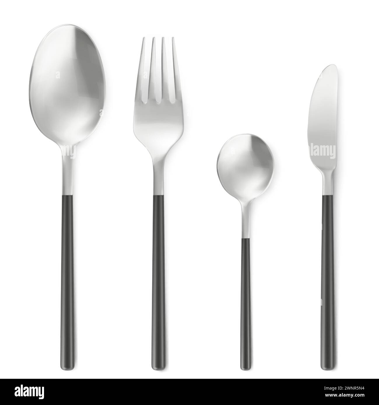 3D set of fork, knife and spoon isolated on white background. Vector realistic illustration of ...
