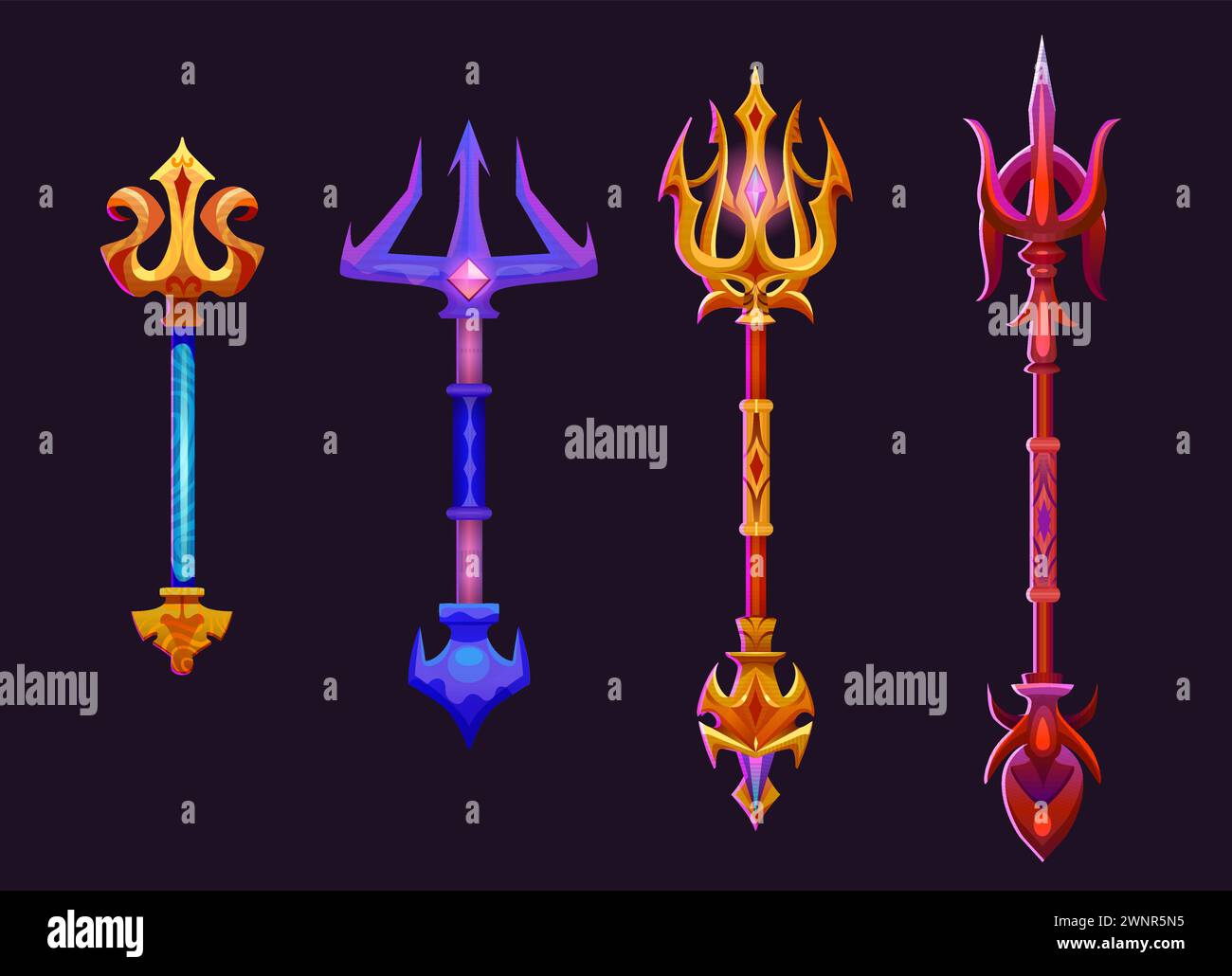 Magic tridents set isolated on black background. Vector cartoon ...