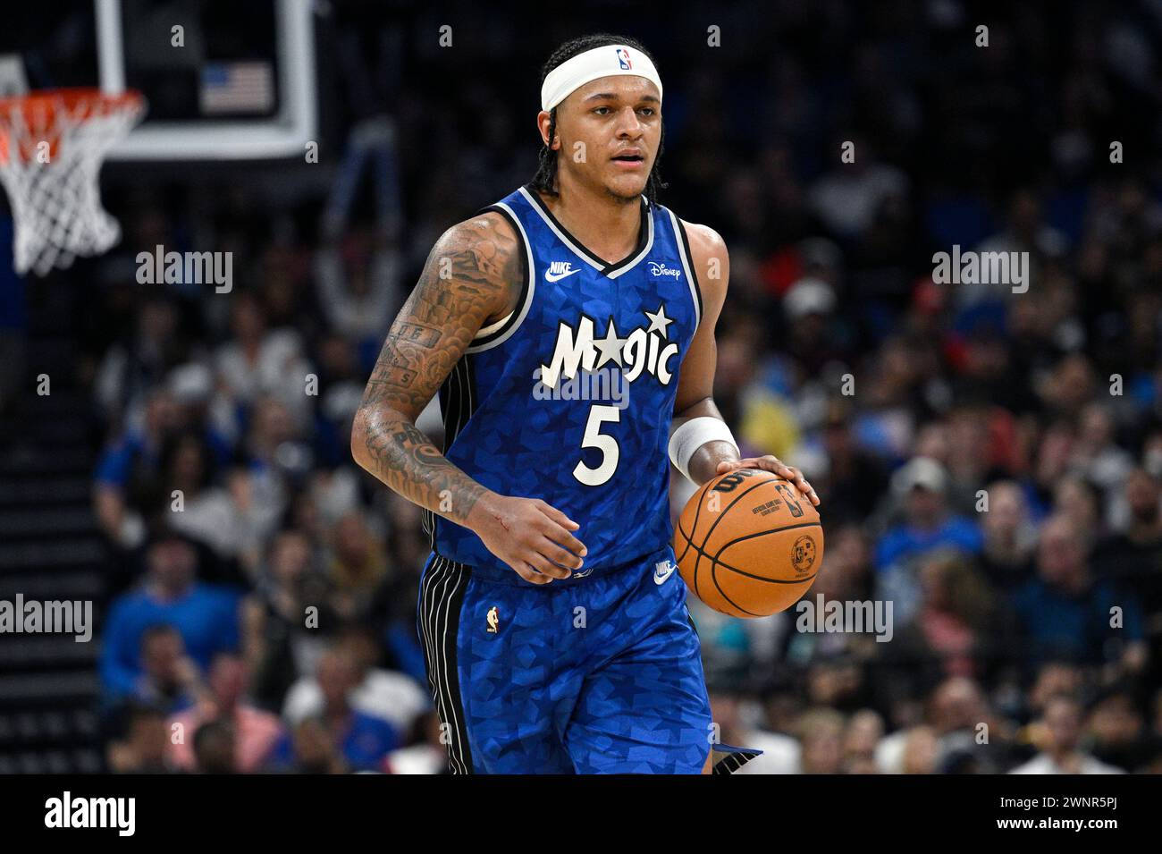 Orlando Magic forward Paolo Banchero (5) brings the ball up the court during the second half of ...