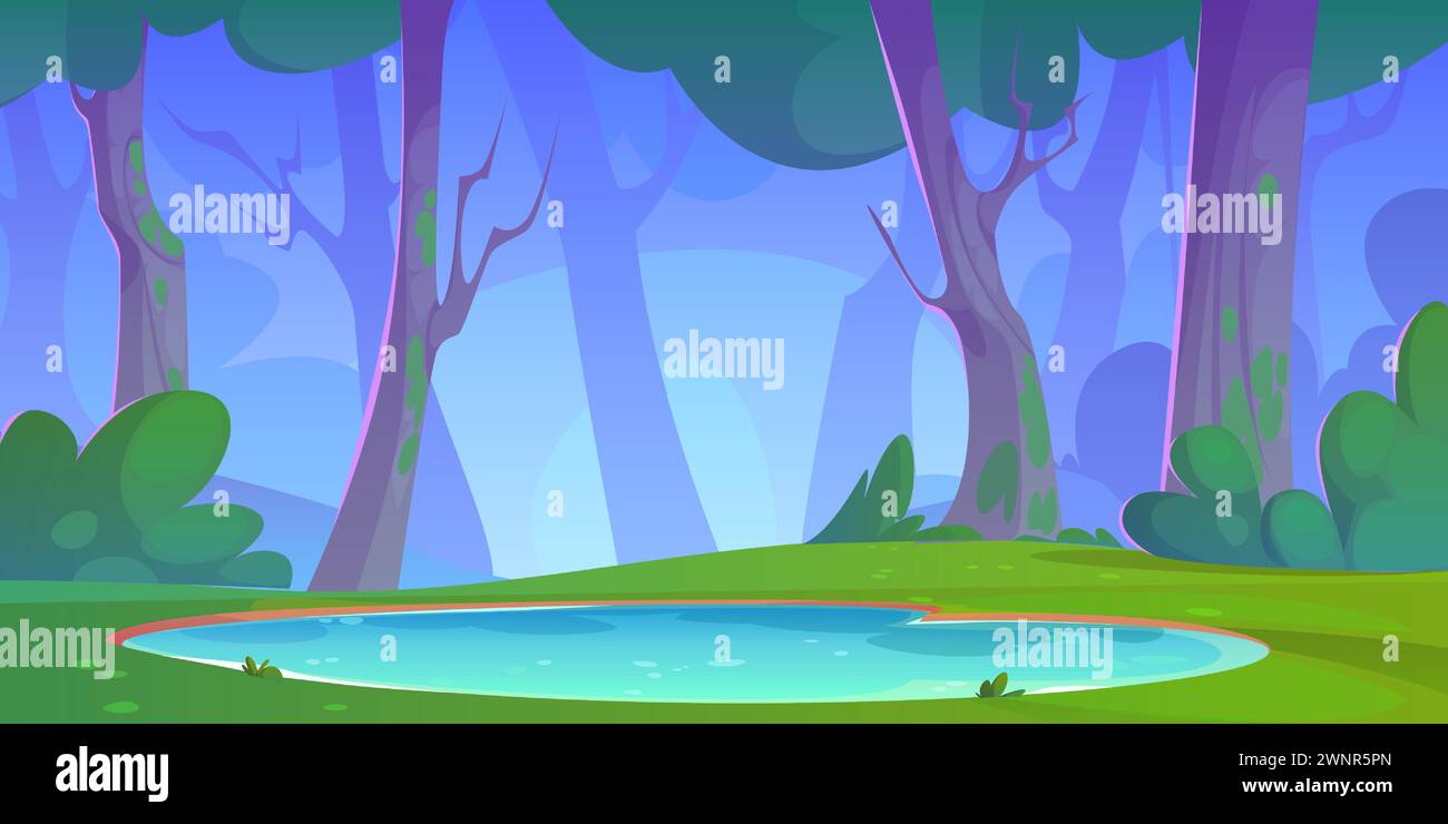 Cartoon vector summer forest landscape with lake. Little pond with blue ...