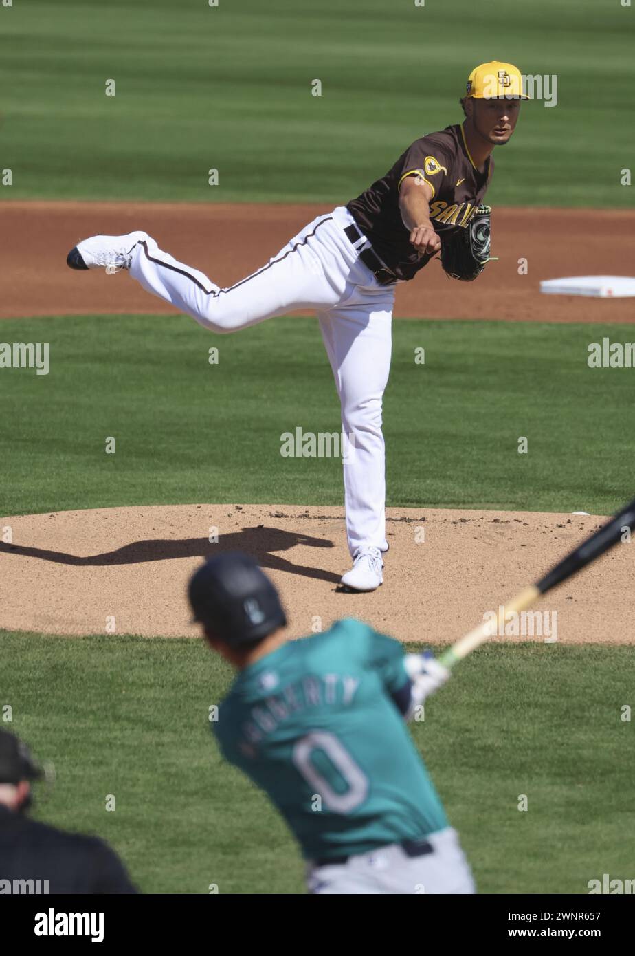 Yu Darvish of the San Diego Padres strikes out Sam Haggerty of the ...