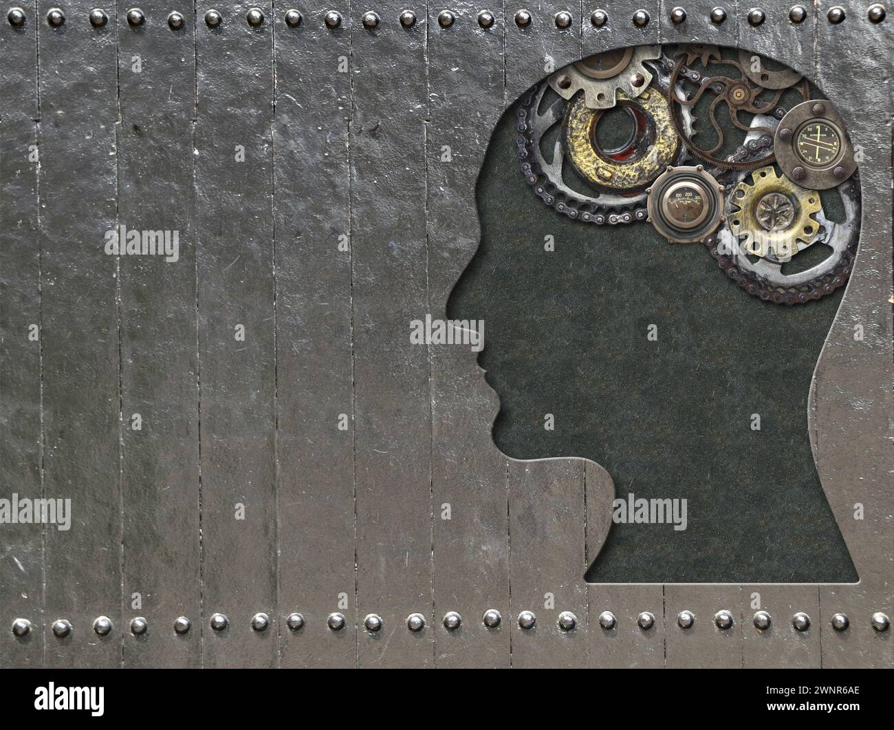 Horizontal steampunk style background with hole shape of a human's head ...