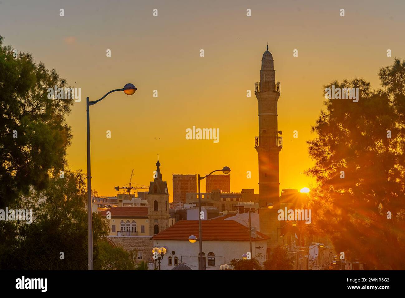 Sunrise view in old Jaffa, with the clock tower and the Mahmoudiya ...