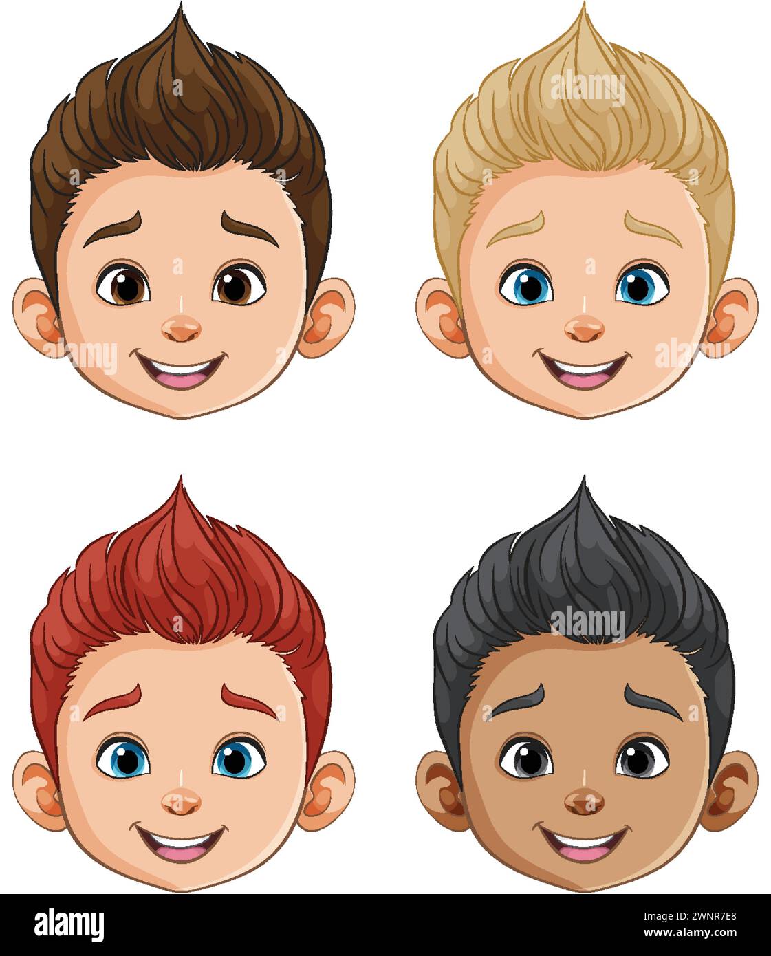 Four cartoon boys with different hairstyles and expressions Stock ...
