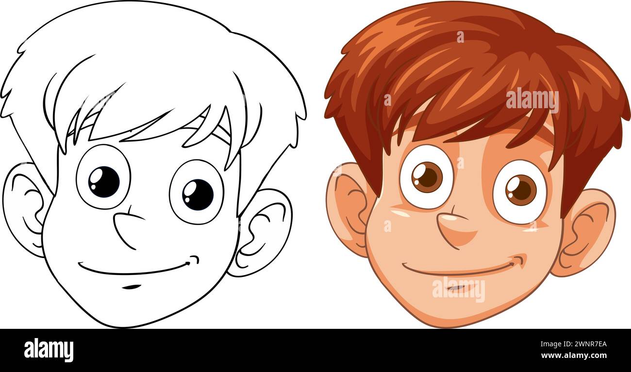Vector illustration of a boy's face, before and after coloring Stock ...