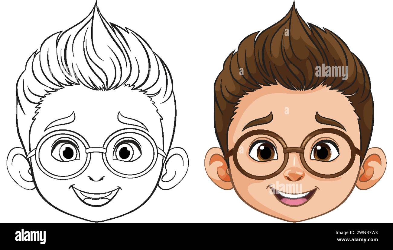 Vector illustration of a boy's face, before and after coloring Stock ...