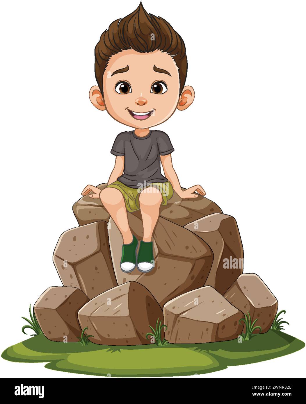 Cheerful cartoon boy sitting atop a pile of stones Stock Vector Image ...
