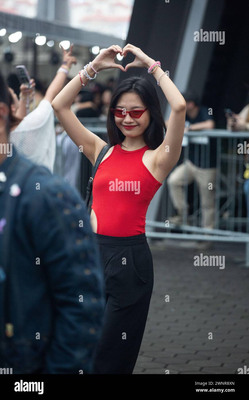 3 March 2024. Female fan dress up in red top posing. Taylor Swift The ...