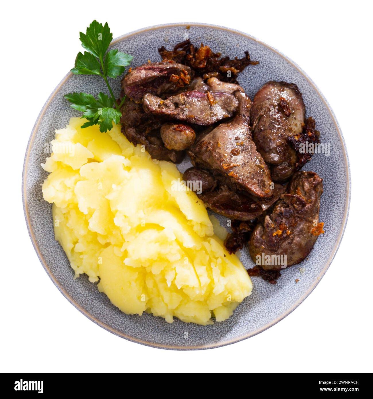 Mashed puree potatoes with fried chicken liver as main course Stock ...