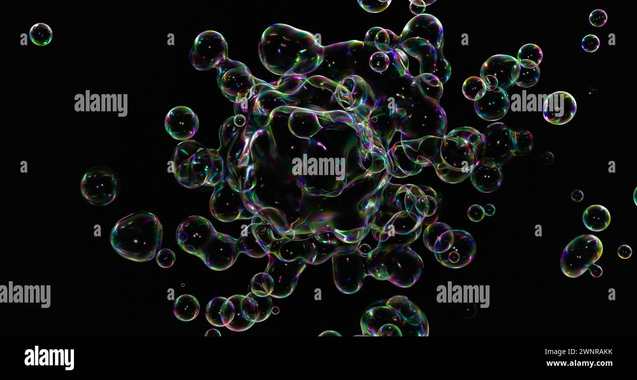 3D rendering of transparent abstract soap bubbles on a black background ...