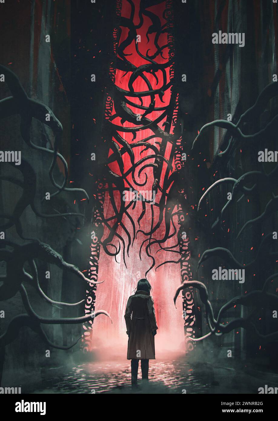 A Woman In A Coat Standing In Front Of An Entrance Filled With Strange