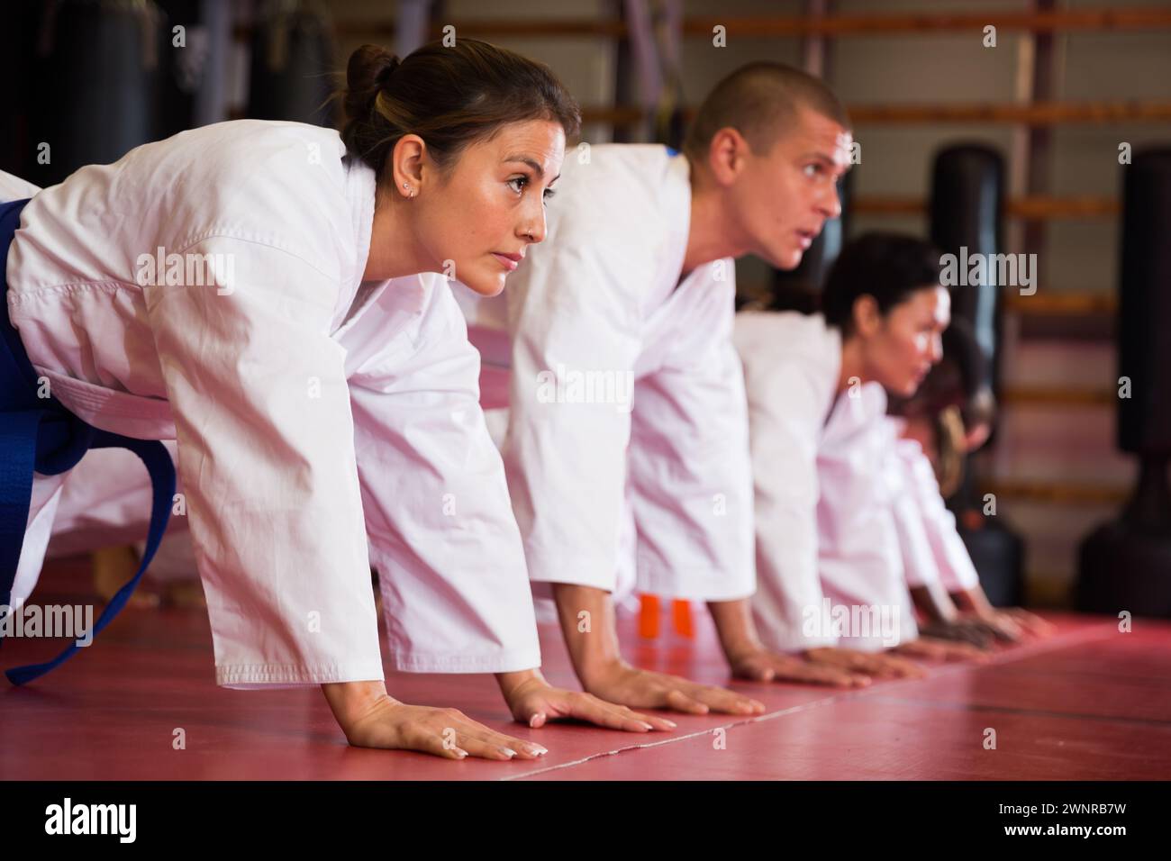 Training Group Of Athletes Before Karate Training Push ups And Muscle
