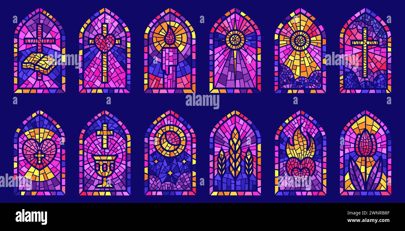 Church glass windows. Stained mosaic catholic frames with cross, book ...