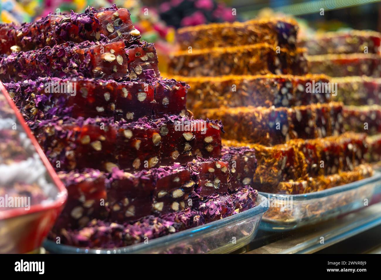 Close-up of delicious traditional Turkish sweets on the counter on ...