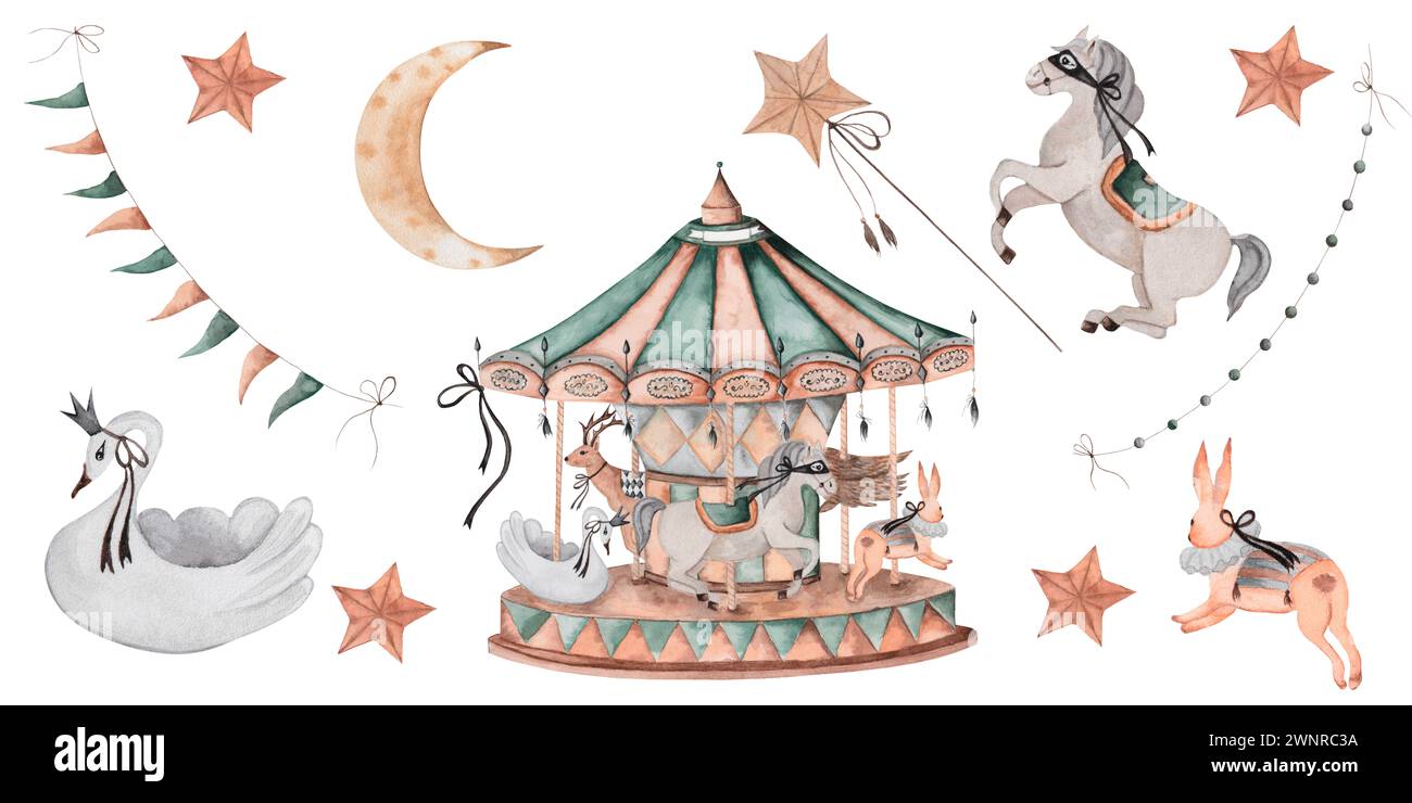 Vintage carousel set. Merry-go-round in retro style on isolated white ...