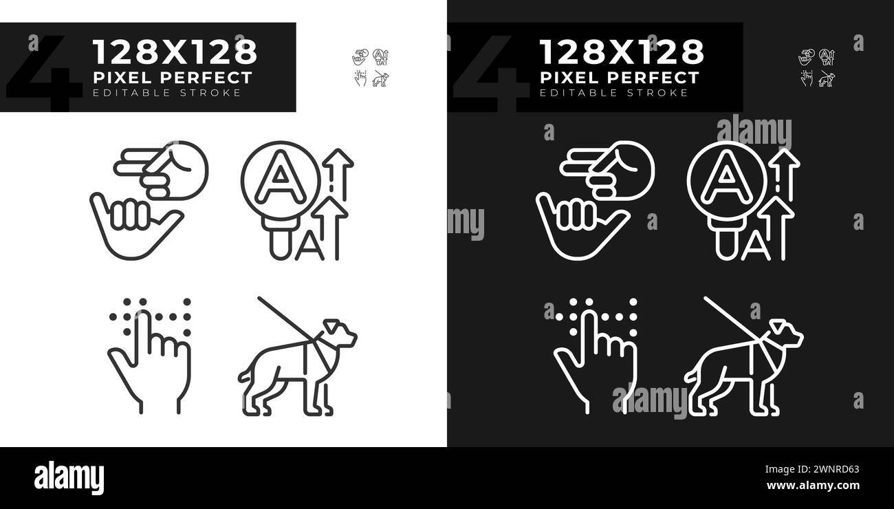 Accessibility for sensory disabilities linear icons set for dark, light ...