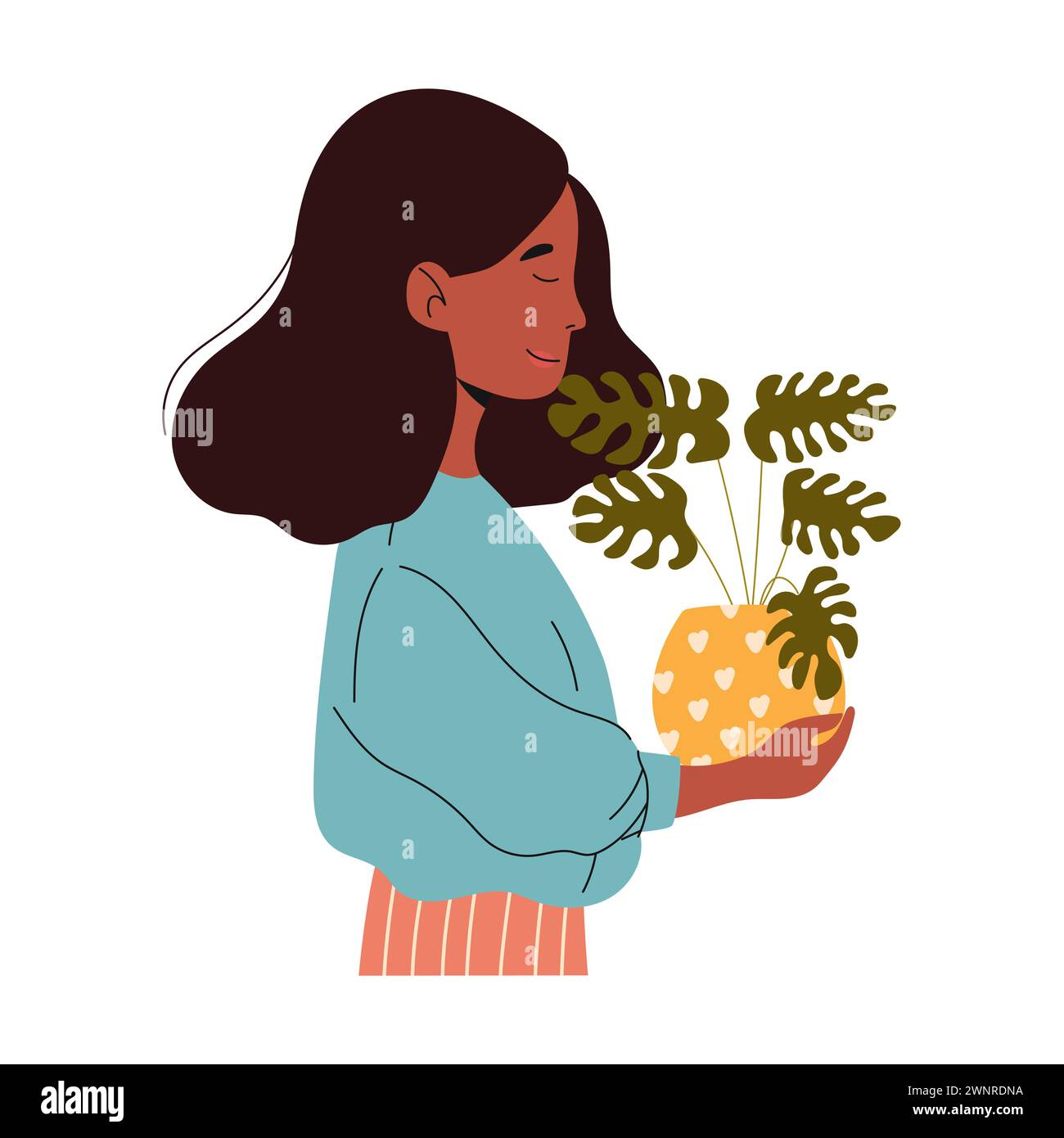 Cute girl holding a flower pot in her hands. Urban gardening. Vector ...
