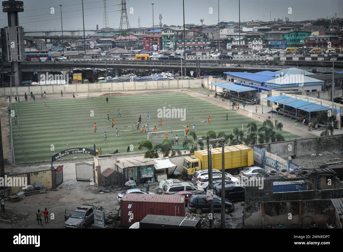 Lagos, Nigeria. 29th Feb, 2024. People play football at a sports ...