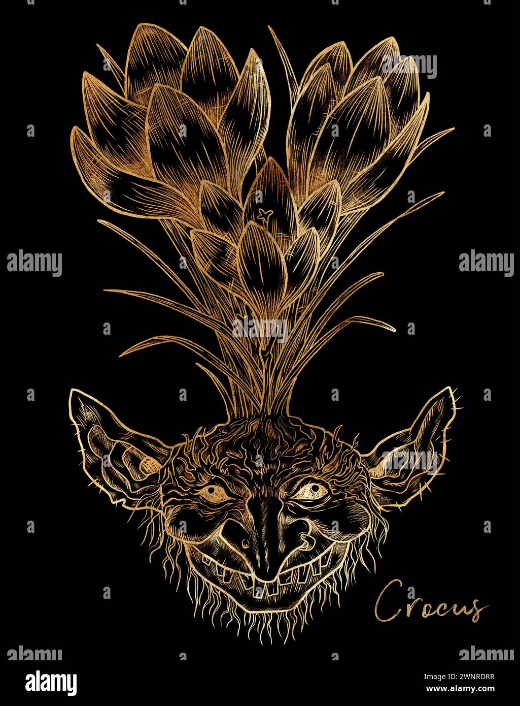 Hand drawn styled illustration with engraved funny demon or gnome face ...