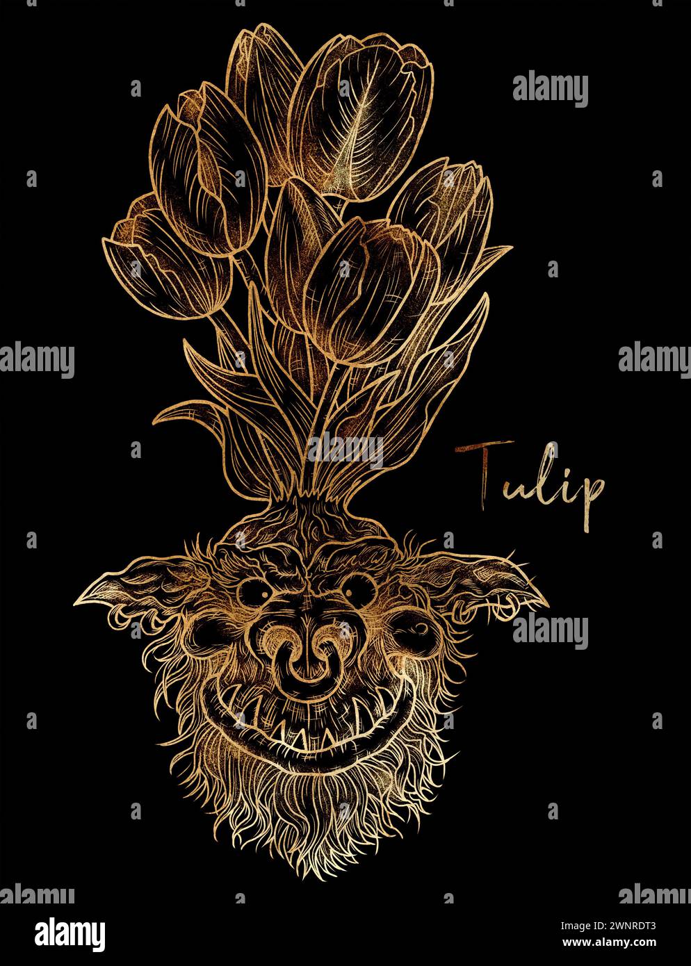 Hand drawn styled illustration with engraved funny demon or gnome face ...