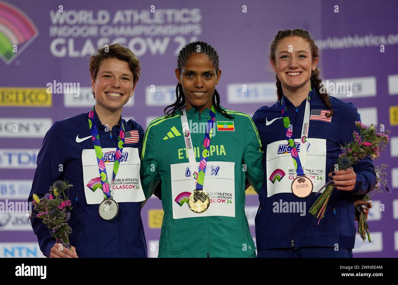 Glasgow, Britain. 3rd Mar, 2024. Silver medallist Nikki Hiltz (L) of ...