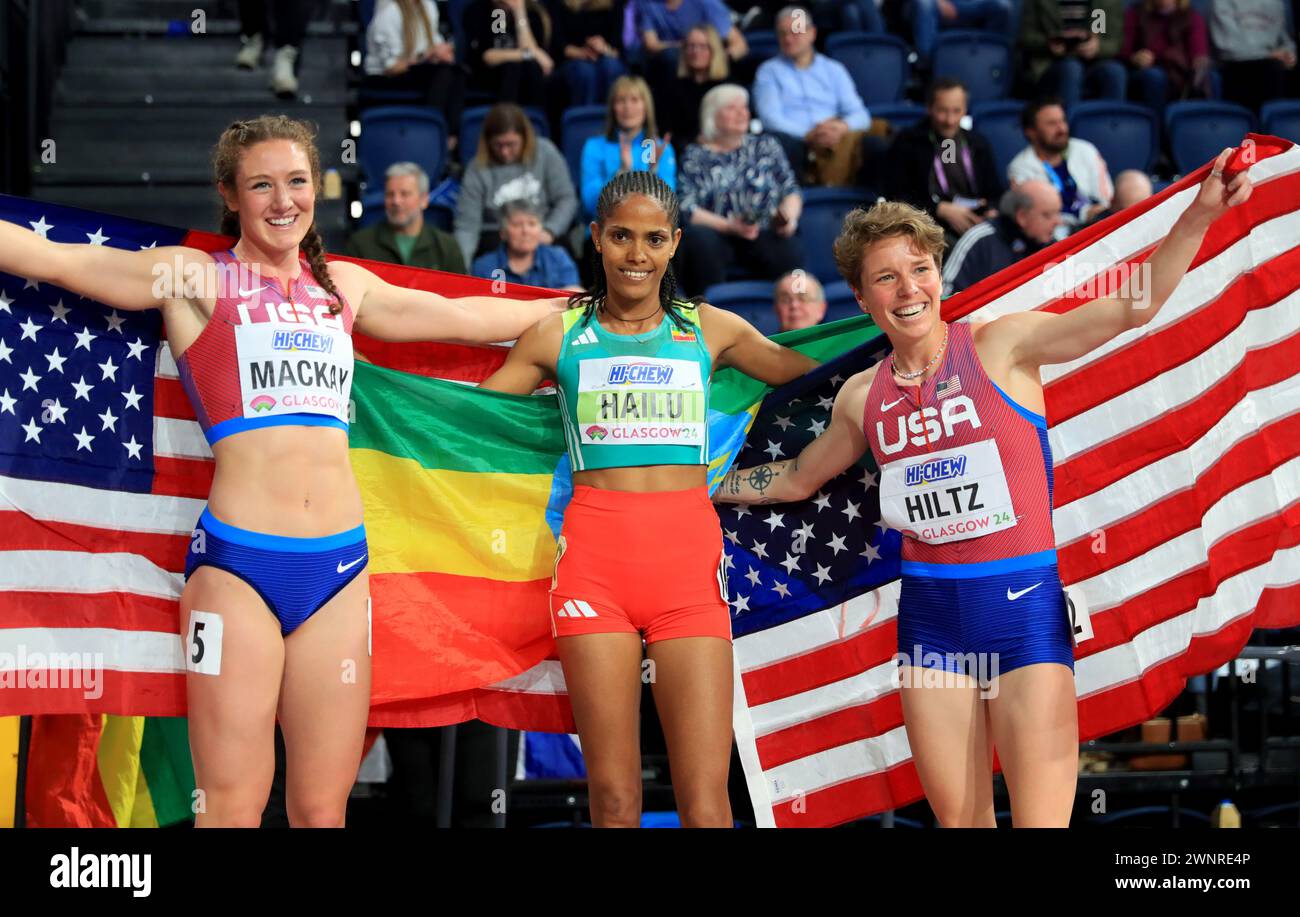 Glasgow, Britain. 3rd Mar, 2024. Silver medallist Nikki Hiltz (R) of ...
