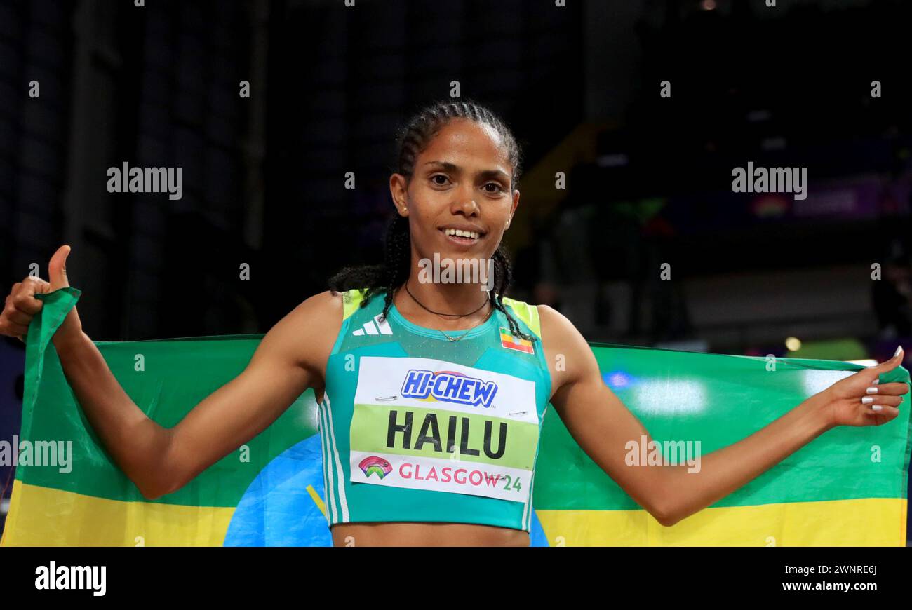 Glasgow, Britain. 3rd Mar, 2024. Ethiopia's Freweyni Hailu celebrates ...