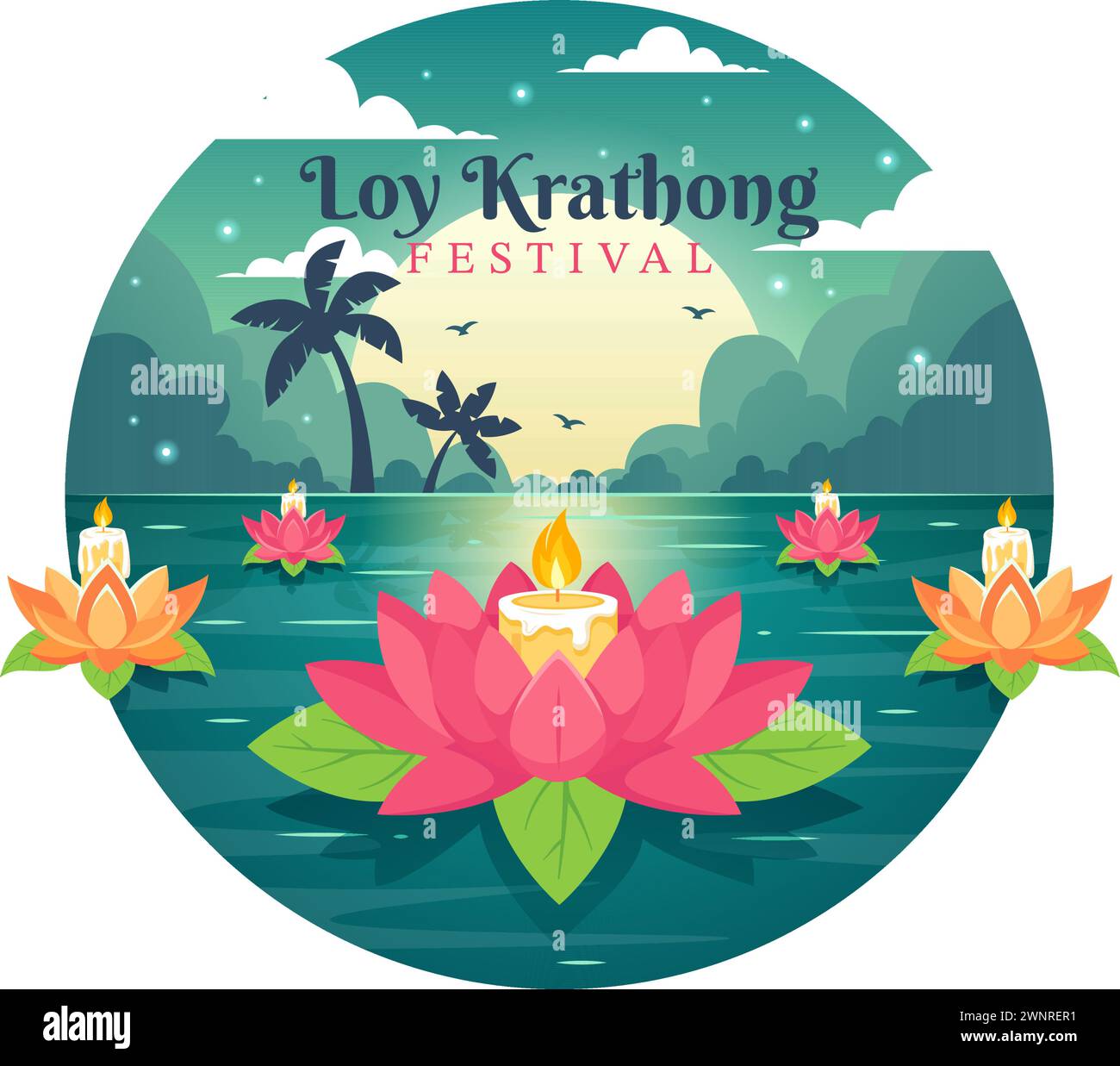 Loy Krathong Vector Illustration of Festival Celebration in Thailand ...