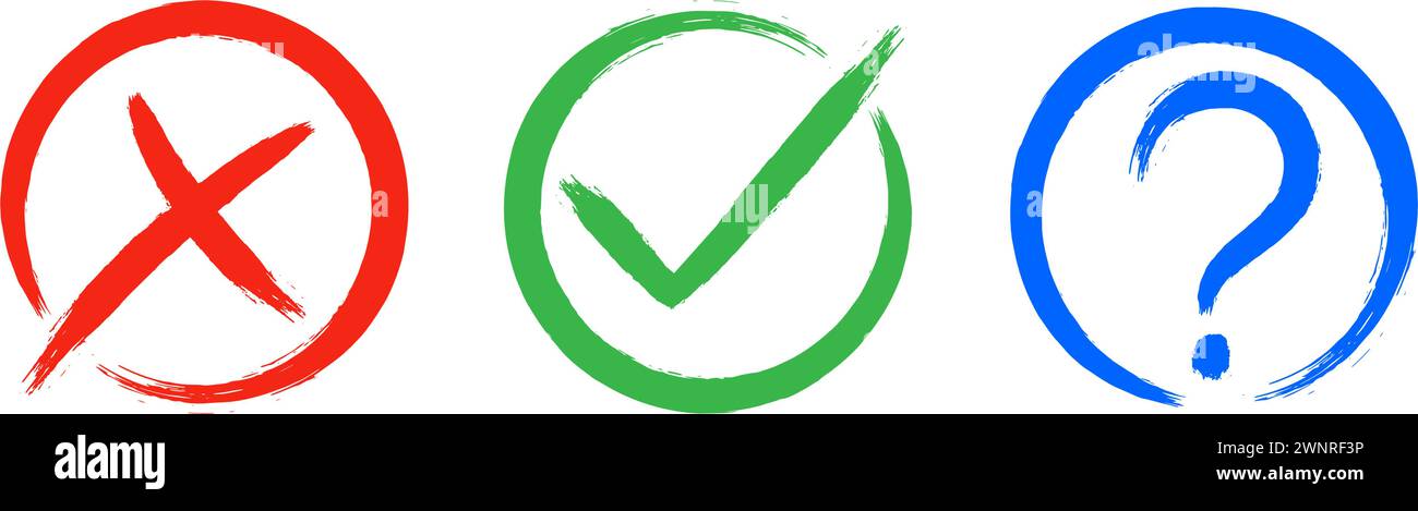 Dirty grunge cross x, tick OK and question check marks in check boxes ...