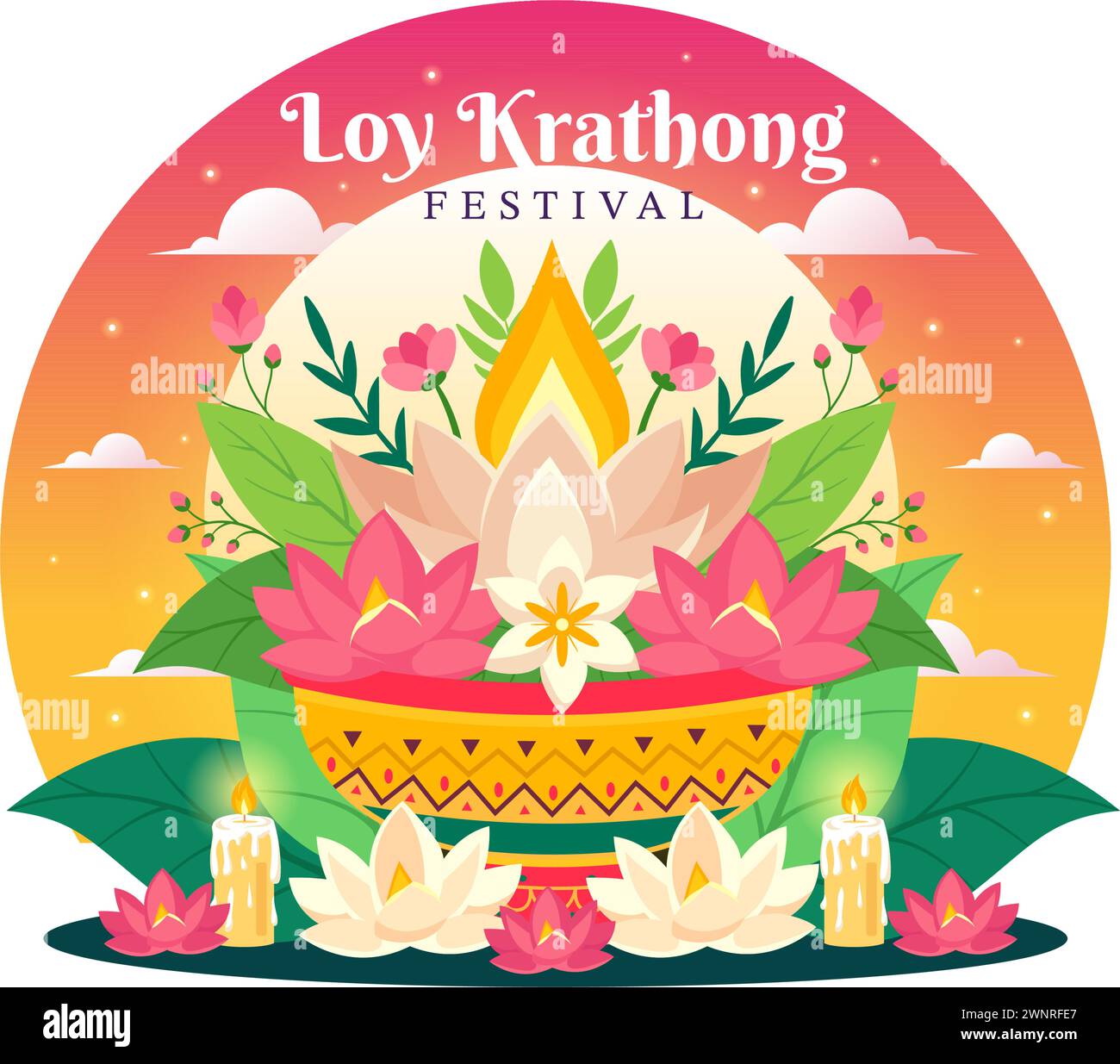 Loy Krathong Logo Girl And Boy Welcome Thai Cartoon | Premium Vector