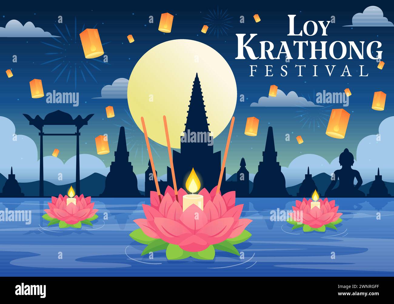 Loy Krathong Vector Illustration of Festival Celebration in Thailand ...