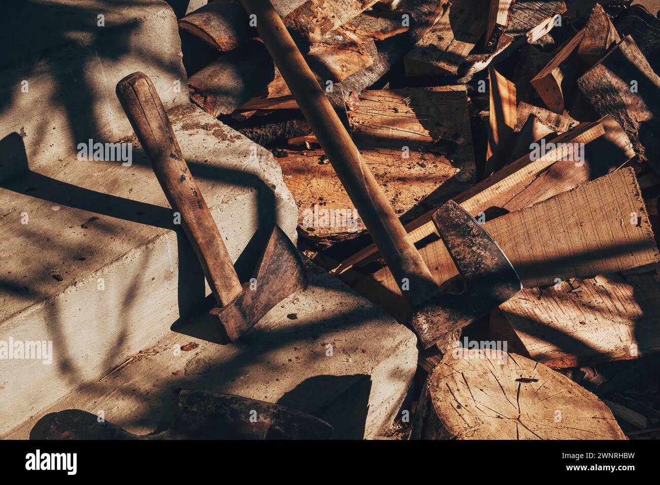 Old wood chopping ax hatchet tool pair, selective focus Stock Photo - Alamy