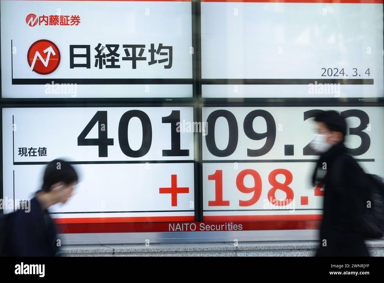 Tokyo, Japan on March 4, 2024. A picture shows the closing price of Japan's Nikkei share average ...