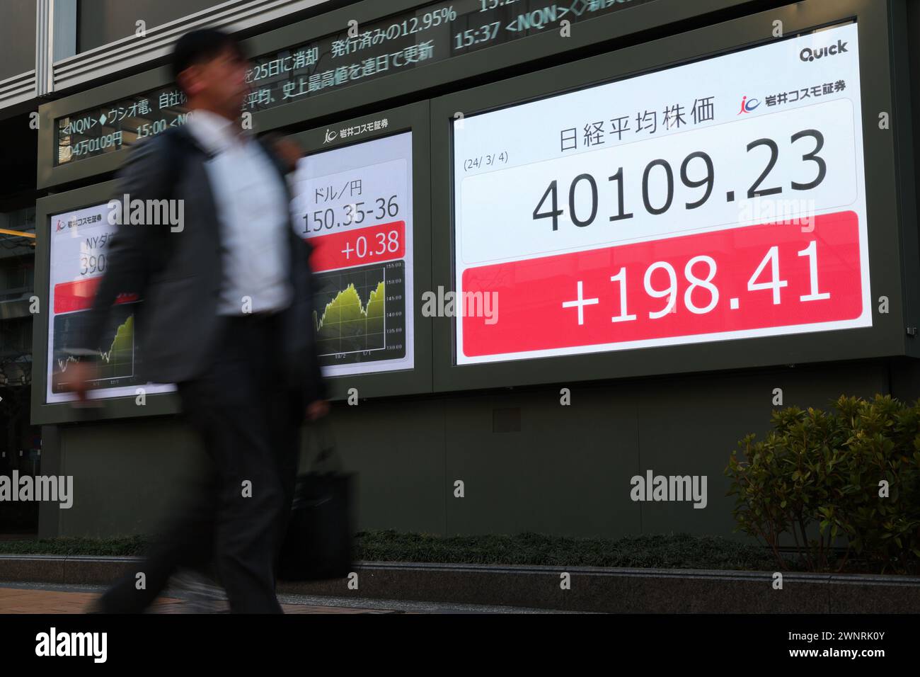 Tokyo, Japan on March 4, 2024. A picture shows the closing price of Japan's Nikkei share average ...