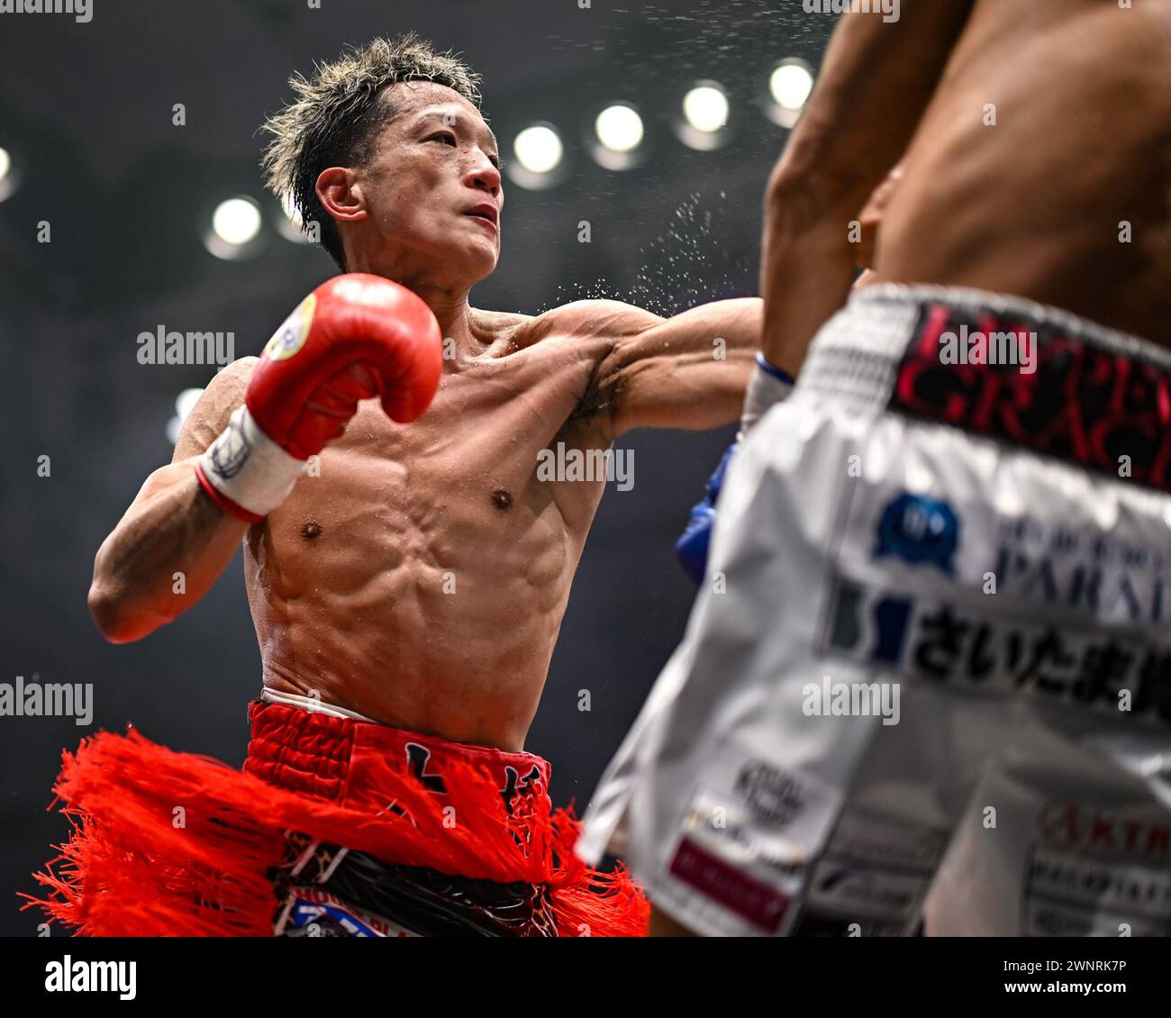 Kazuki Nakajima (red) and Mugicha Nakagawa (white) compete during their ...