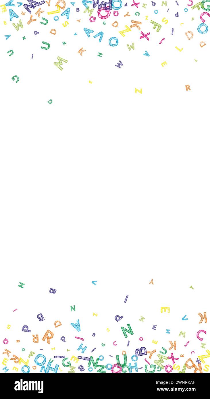 Falling letters of English language. Colorful messy sketch flying words ...