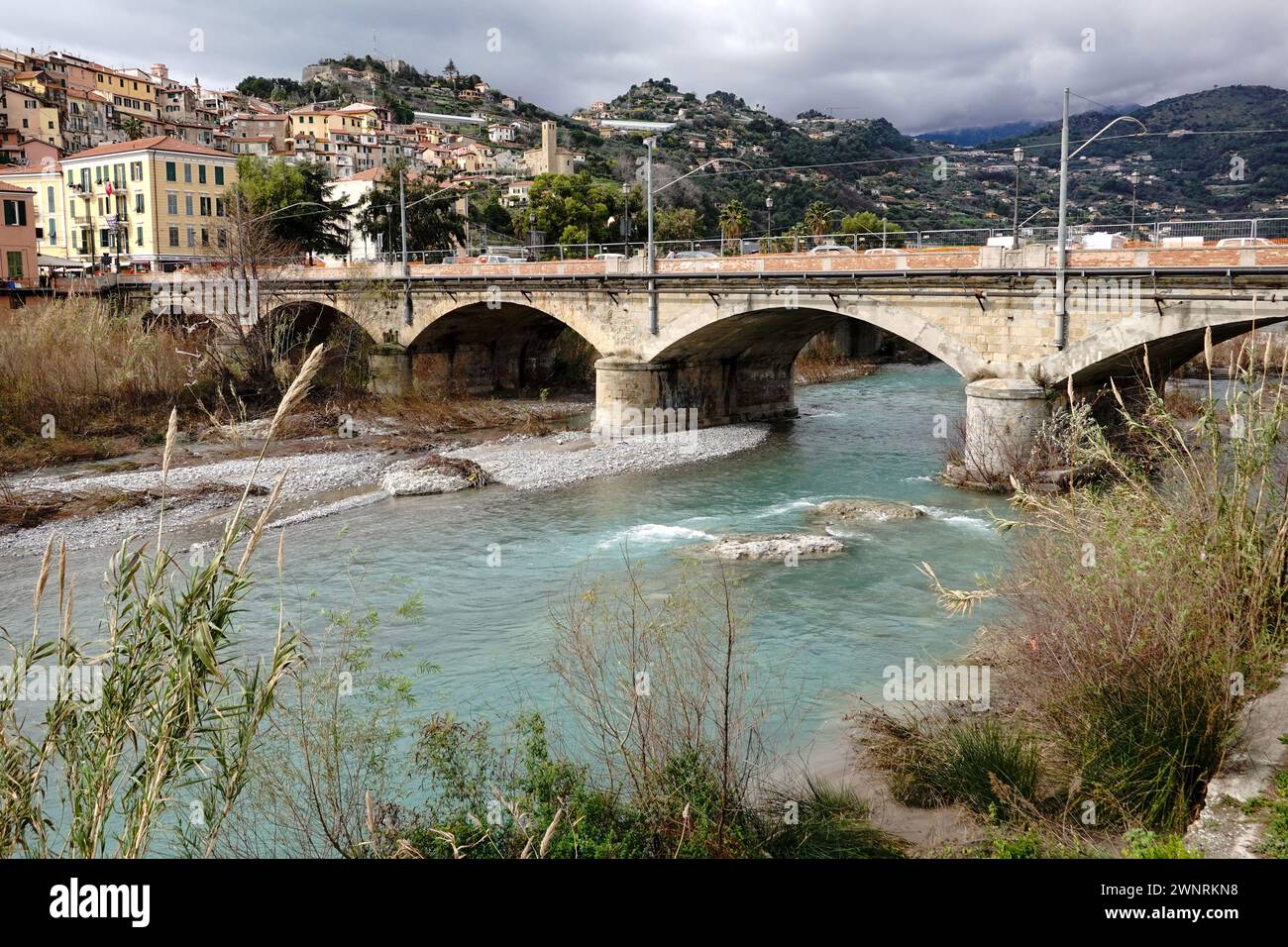 Bridge crossing the Roja River towards the old town, Ventimiglia, Italy ...
