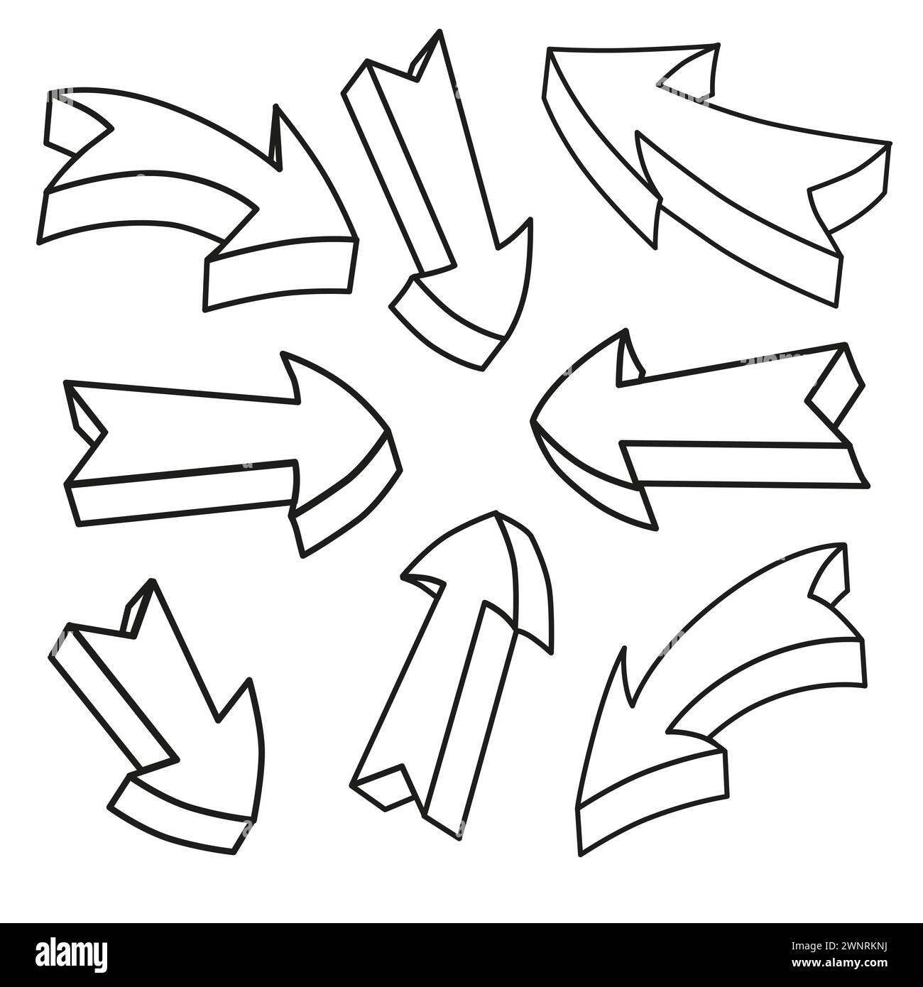 Vector set of abstract business arrows. Hand drawn 3d geometric curved ...