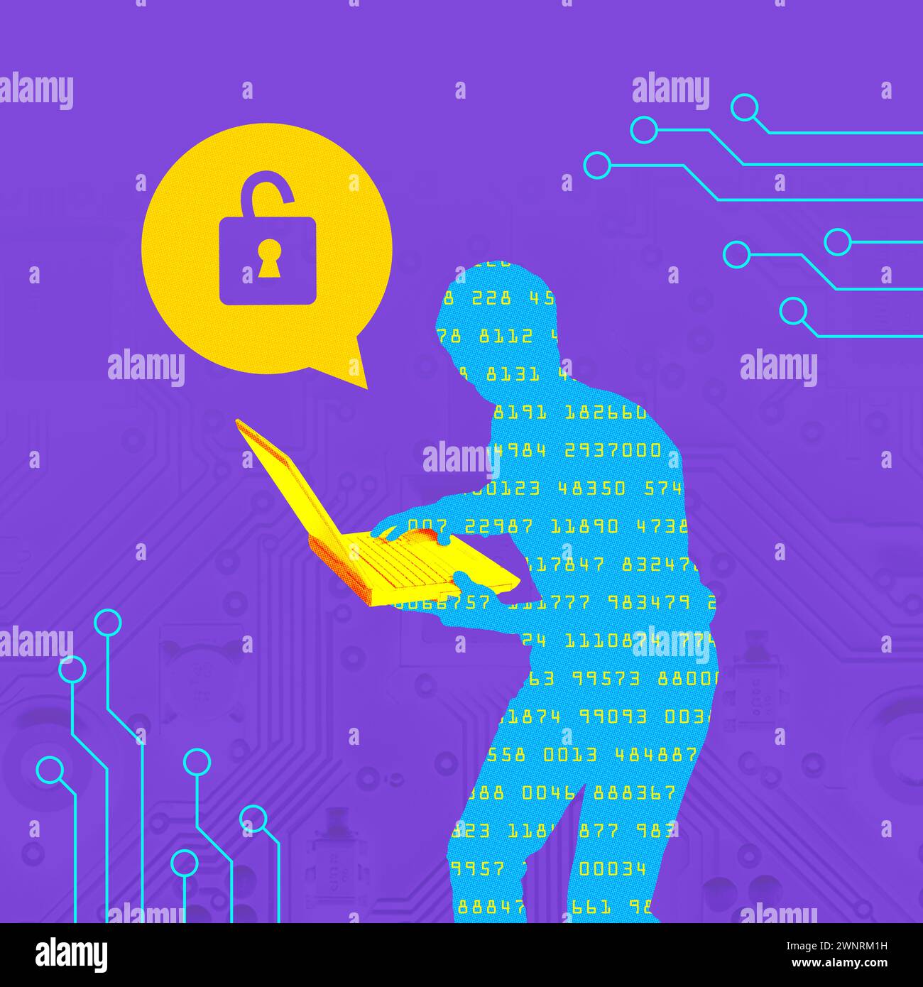 Contemporary art collage. Digital hunting. Human silhouette in encoding ...